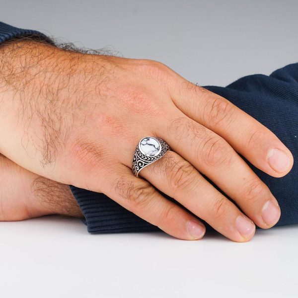 Circular Design Oval White Turquoise Stone 925 Sterling Silver Men Ring ...