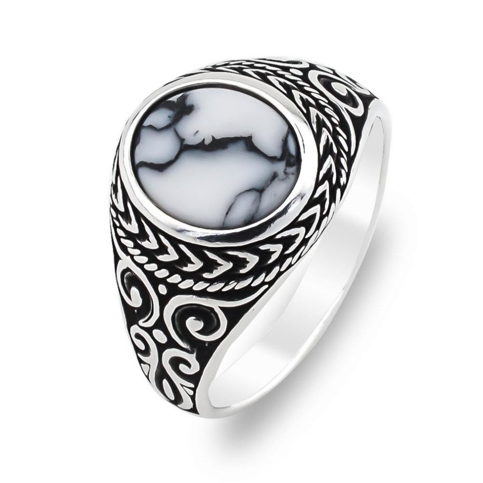 Circular Design Oval White Turquoise Stone 925 Sterling Silver Men Ring ...